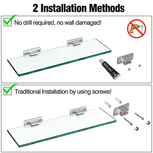 GeekDigg 2 Sets Glass Shelves for Bathroom, No Drilling Shower Caddy Glass Shelves for Wall Glass Bathroom Storage Organizer Shelf with Aluminum Bracket for Bathroom, Shower, Kitchen, Laundry