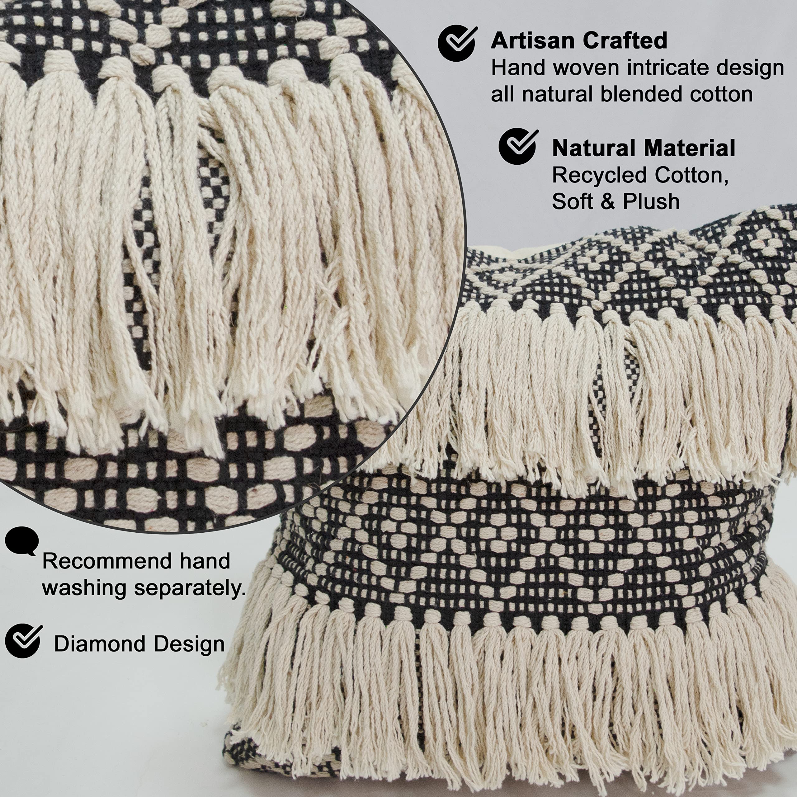 Chardin home Black & Ivory Boho Pillow Covers, Set of 2 Decorative Throw Pillow Covers 20x20 with Fringe Tassels | Farmhouse Pillow Cover with Woven Diamond Design
