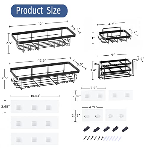 Shower Caddy Bathroom Organizer, Self Adhesive Shower Shelves with Soap Holder, Wall Mount Bathroom Shelf Storage, Bathroom Essential Accessories (Black 4 pack)