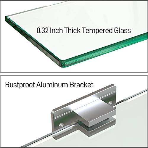 GeekDigg 2 Sets Glass Shelves for Bathroom, No Drilling Shower Caddy Glass Shelves for Wall Glass Bathroom Storage Organizer Shelf with Aluminum Bracket for Bathroom, Shower, Kitchen, Laundry