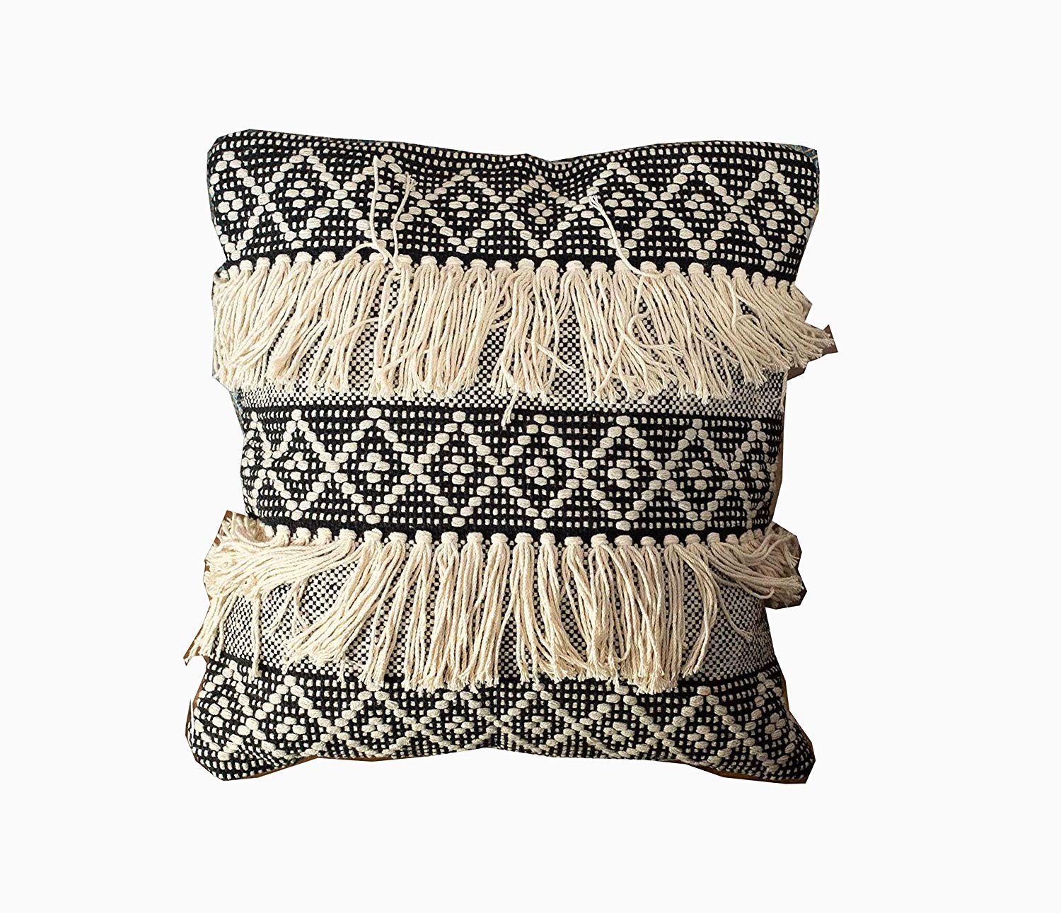 Chardin home Black & Ivory Boho Pillow Covers, Set of 2 Decorative Throw Pillow Covers 20x20 with Fringe Tassels | Farmhouse Pillow Cover with Woven Diamond Design