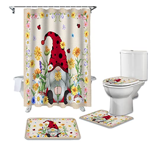 BULING 4Pcs Shower Curtain Set with Rugs,Farmhouse Ladybug Gnome with Daisy Sunflower Spring Summer Pattern Shower Curtain with 12 Hooks, Bath Mat, Toilet Lid Rug and Non-Slip U Shape Mat Accessories