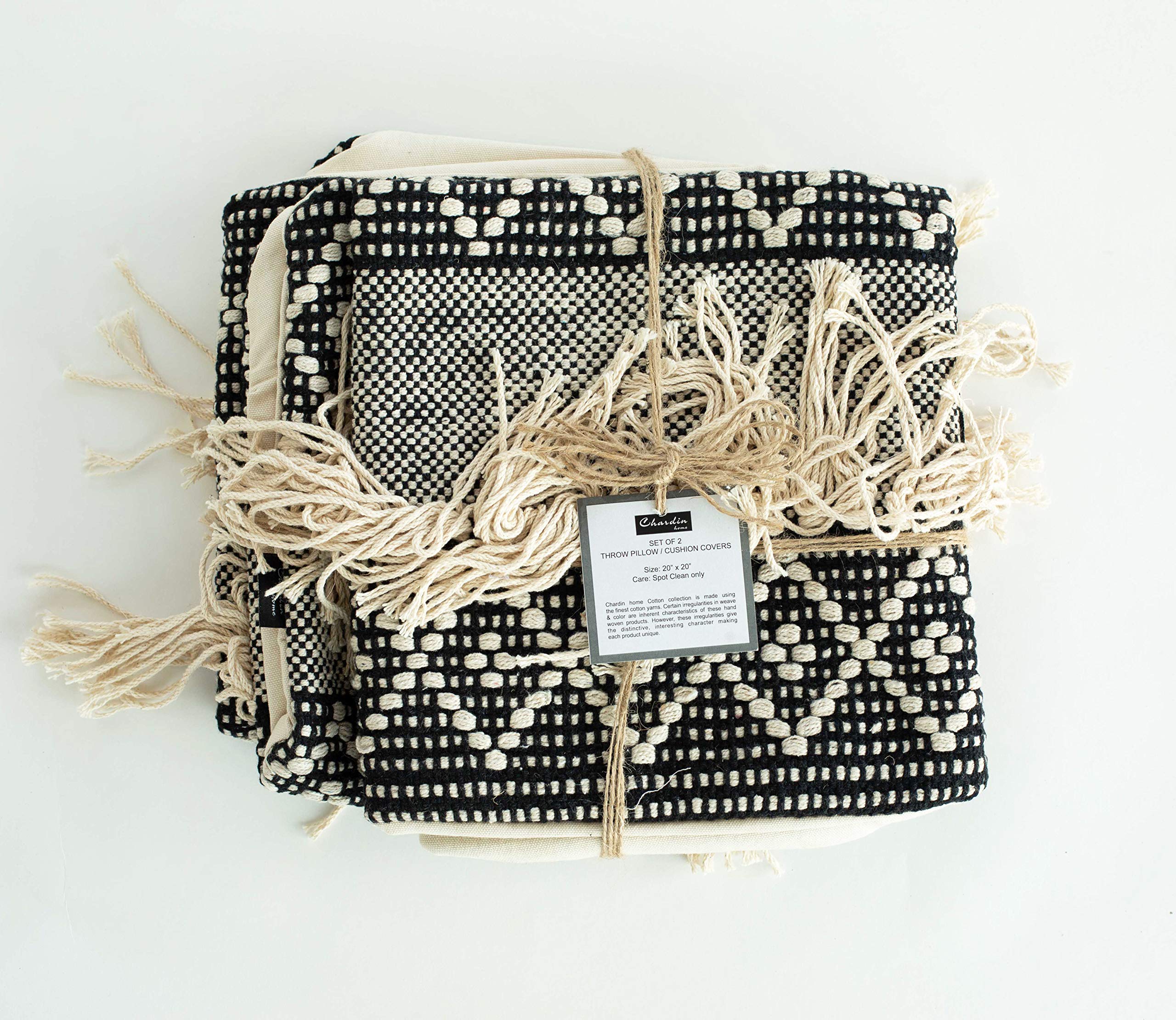 Chardin home Black & Ivory Boho Pillow Covers, Set of 2 Decorative Throw Pillow Covers 20x20 with Fringe Tassels | Farmhouse Pillow Cover with Woven Diamond Design