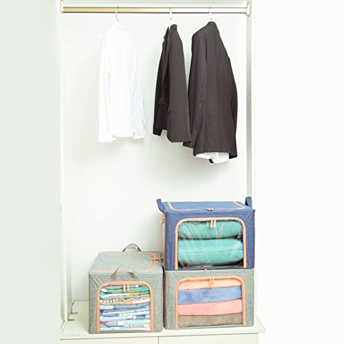 Tasmegol 2 Pack 66L Linen Fabric Clothes Storage Organizer Bins with 3 Opening Stackable Steel Frame Clothing Closet Containers Bags Foldable Clear Window Cloth Box for Sweater Bedding (Grey)