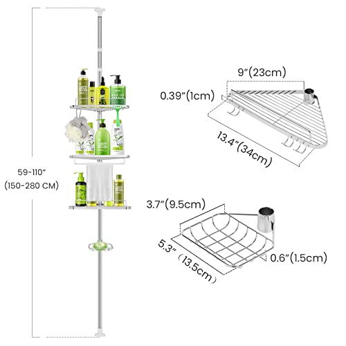Yvilant Corner Shower Caddy Tension Pole, 4 Layer Rustproof Shower Corner Shelf Stainless Steel Pole Organizer Standing Shower Organizer Adjustable Shower Shelf, 59-110 Inches, Silver