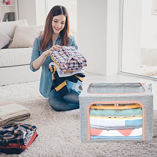 Tasmegol 2 Pack 66L Linen Fabric Clothes Storage Organizer Bins with 3 Opening Stackable Steel Frame Clothing Closet Containers Bags Foldable Clear Window Cloth Box for Sweater Bedding (Grey)