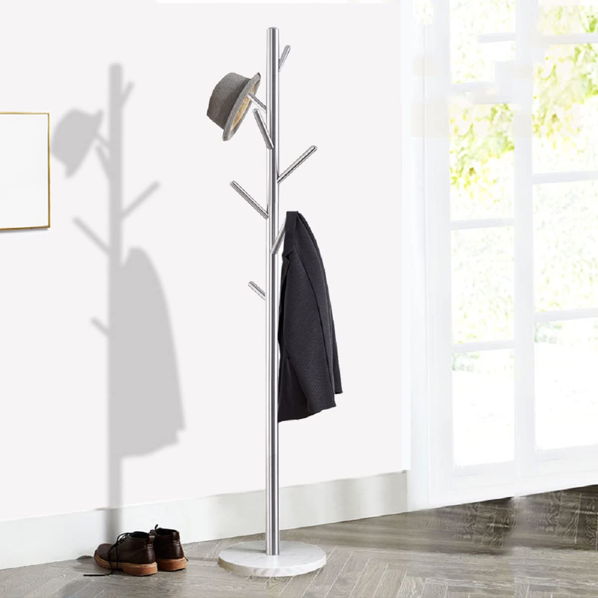 Jolitac Metal Coat Rack Stand Satin Steel Finish Stable Marble Base, High-Grade with Hooks Metal Tree Hat & Coat Hanger Floor Free Standing Wall Bedroom Easy Assembly (Satin Steel)