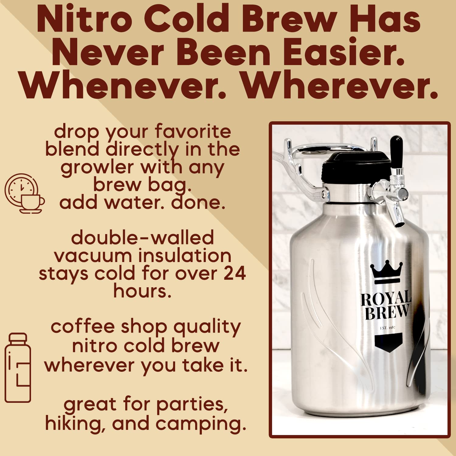The Original Royal Brew Nitro Cold Brew Coffee Maker - Gift for Coffee Lovers - Coffee Shop Quality Nitro Coffee at Home - 64 oz Home Keg Growler, Nitrogen Gas System Coffee Dispenser Kit