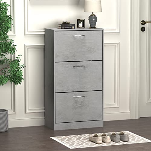 Hitow Shoe Cabinet Freestanding Tipping Bucket Shoe Storage Cabinet with 3 Flip Drawers, Modern Entryway Shoe Rack Storage Organizer, Narrow Slim Hidden Shoe Organizer with Drawers, Grey