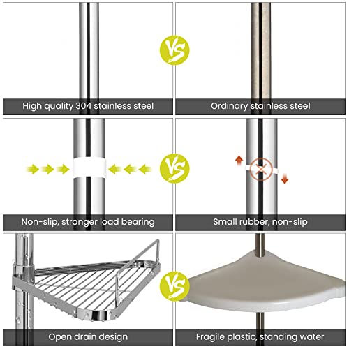 Yvilant Corner Shower Caddy Tension Pole, 4 Layer Rustproof Shower Corner Shelf Stainless Steel Pole Organizer Standing Shower Organizer Adjustable Shower Shelf, 59-110 Inches, Silver
