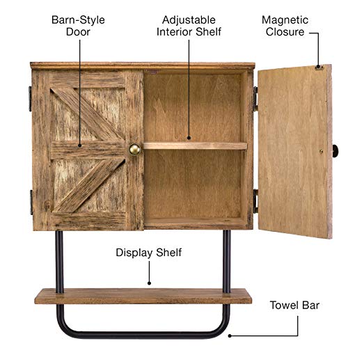 EXCELLO GLOBAL PRODUCTS 17x21'' Barndoor Bathroom Wall Cabinet, Space Saver Storage Cabinet Kitchen Medicine Cabinet with Adjustable Shelf and Towel Bar, Brown