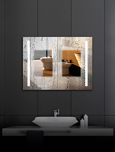 Bathlink Lighted Medicine Cabinet, 36"×27.5"×5", LED Mirror Medicine Cabinet, Recessed or Surface Mount, Defogger, Dimmer, 2 Doors Bathroom Lighted Medicine Cabinet with Mirror