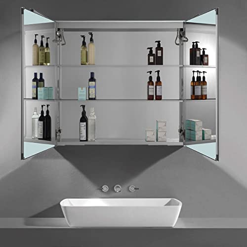 Bathlink Lighted Medicine Cabinet, 36"×27.5"×5", LED Mirror Medicine Cabinet, Recessed or Surface Mount, Defogger, Dimmer, 2 Doors Bathroom Lighted Medicine Cabinet with Mirror