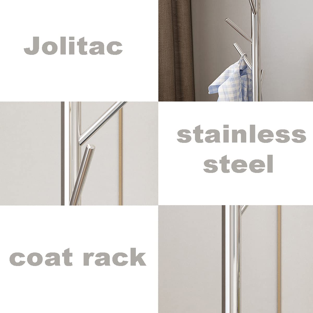 Jolitac Metal Coat Rack Stand Satin Steel Finish Stable Marble Base, High-Grade with Hooks Metal Tree Hat & Coat Hanger Floor Free Standing Wall Bedroom Easy Assembly (Satin Steel)