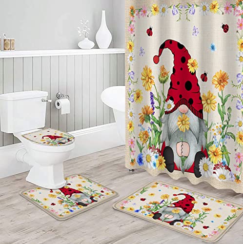 BULING 4Pcs Shower Curtain Set with Rugs,Farmhouse Ladybug Gnome with Daisy Sunflower Spring Summer Pattern Shower Curtain with 12 Hooks, Bath Mat, Toilet Lid Rug and Non-Slip U Shape Mat Accessories