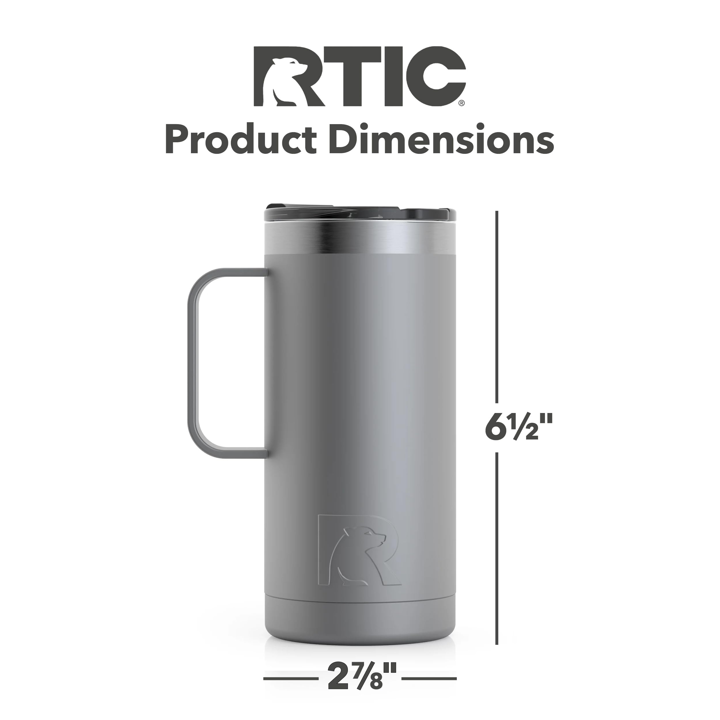 RTIC Travel Mug with Handle, 16 oz, Graphite, Portable Thermal Camping Cup, Vacuum-Insulated with Lid, Stainless Steel, Sweat Proof, Keeps Hot & Cold Longer