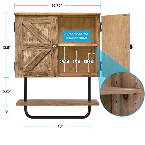 EXCELLO GLOBAL PRODUCTS 17x21'' Barndoor Bathroom Wall Cabinet, Space Saver Storage Cabinet Kitchen Medicine Cabinet with Adjustable Shelf and Towel Bar, Brown