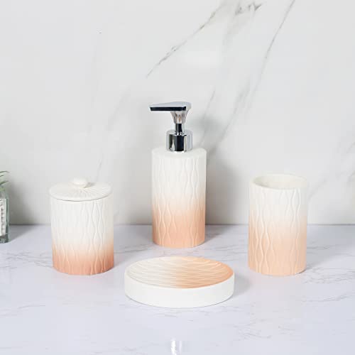 RZCNC Bathroom Accessories Set,Hand-Carved Lines Ceramic Bathroom Set. 4 Piece Boho Bathroom Decor.New Apartment Essentials. Modern Toothbrush Holder and Soap Dispenser. Premium Orange