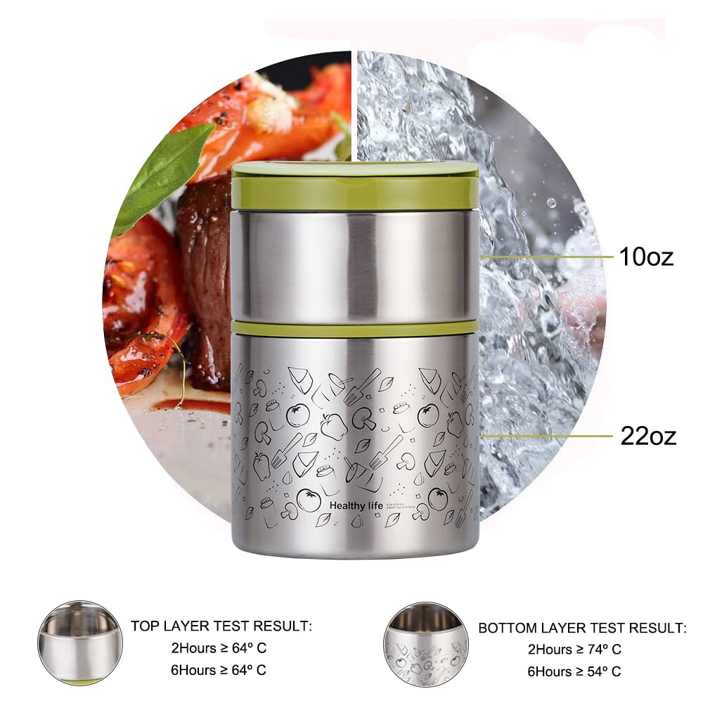 Lille Home Vacuum Insulated Stackable Stainless Steel Thermal Lunch/Snack box, 2-Tier Bento/Food Container with Lunch bag, Smart Diet, Weight Control, 32 Ounces