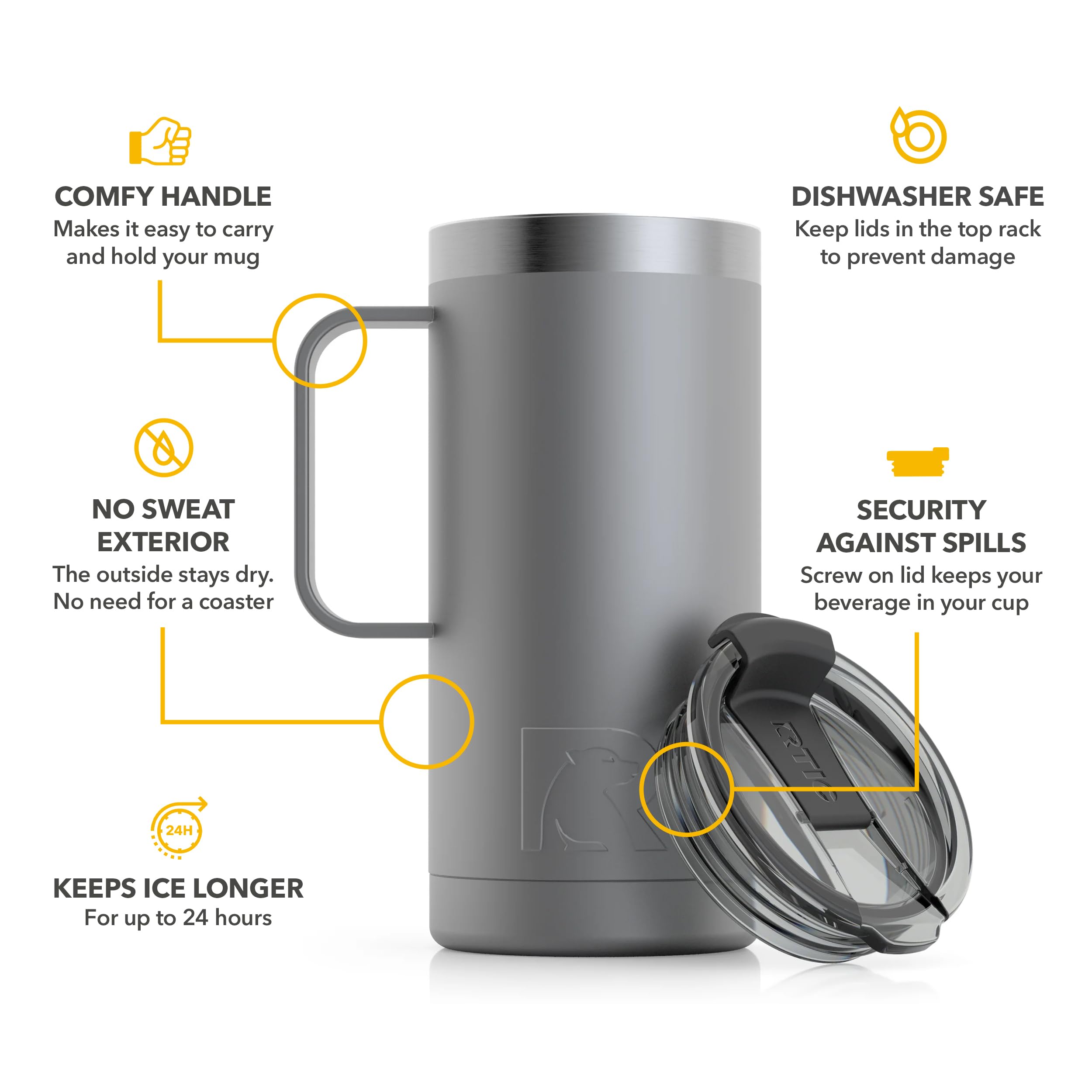 RTIC Travel Mug with Handle, 16 oz, Graphite, Portable Thermal Camping Cup, Vacuum-Insulated with Lid, Stainless Steel, Sweat Proof, Keeps Hot & Cold Longer
