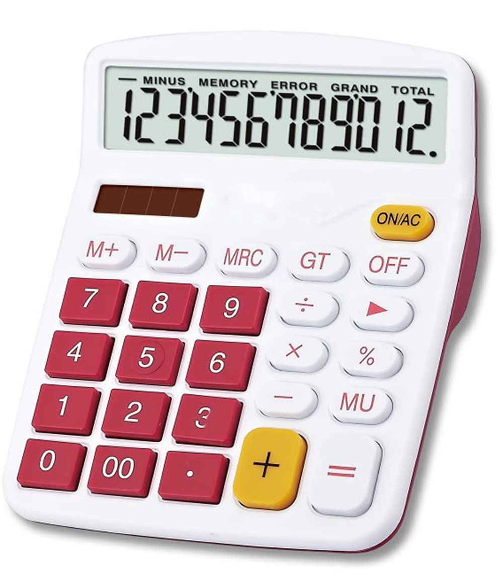 Meichoon Desktop Calculator Solar Battery Dual Power, 12 Digit Large LCD Display Financial Dedicated Calculator Large Standard Function Desktop Business Calculator for Office/Home/School KA08 Red