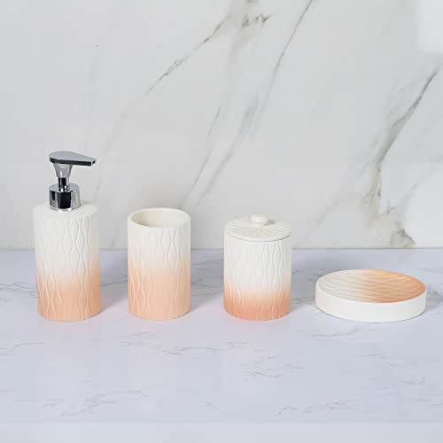 RZCNC Bathroom Accessories Set,Hand-Carved Lines Ceramic Bathroom Set. 4 Piece Boho Bathroom Decor.New Apartment Essentials. Modern Toothbrush Holder and Soap Dispenser. Premium Orange
