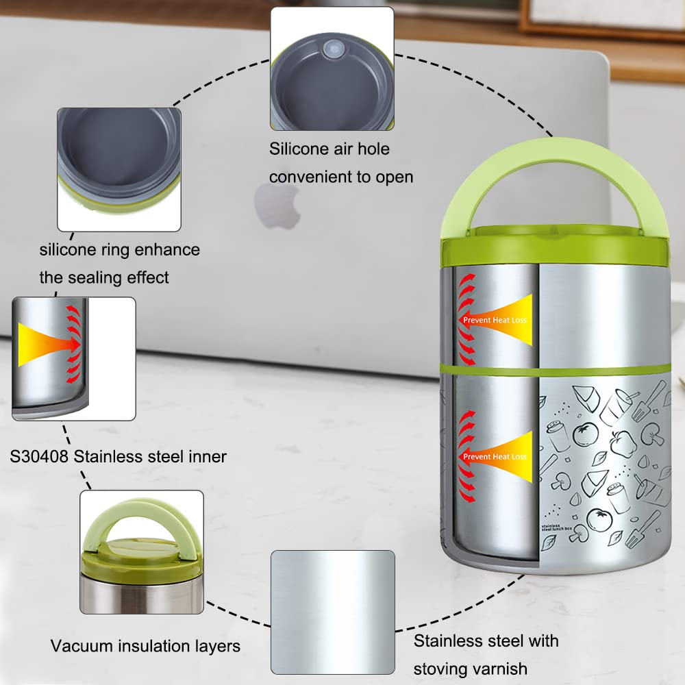 Lille Home Vacuum Insulated Stackable Stainless Steel Thermal Lunch/Snack box, 2-Tier Bento/Food Container with Lunch bag, Smart Diet, Weight Control, 32 Ounces