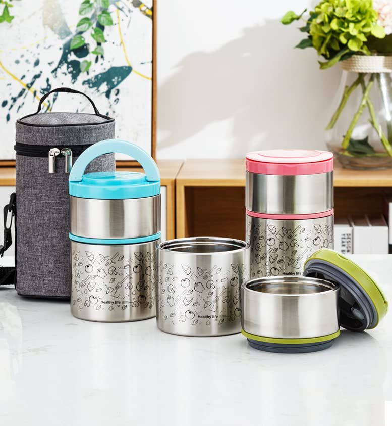 Lille Home Vacuum Insulated Stackable Stainless Steel Thermal Lunch/Snack box, 2-Tier Bento/Food Container with Lunch bag, Smart Diet, Weight Control, 32 Ounces