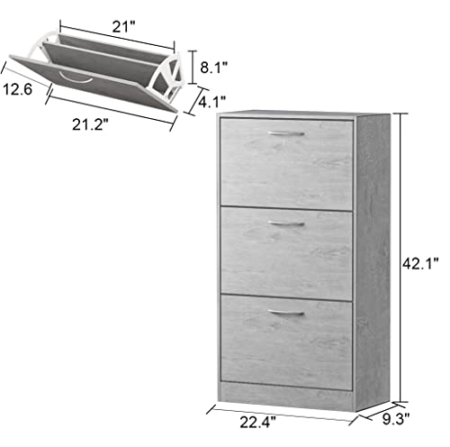 Hitow Shoe Cabinet Freestanding Tipping Bucket Shoe Storage Cabinet with 3 Flip Drawers, Modern Entryway Shoe Rack Storage Organizer, Narrow Slim Hidden Shoe Organizer with Drawers, Grey