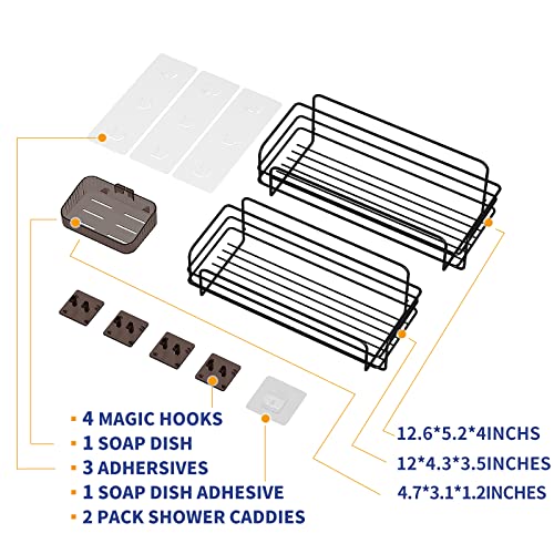 2-Pack Adhesive Shower Caddy With 4 Magic Hooks and 1 Pack Soap Dishes, No Drilling Rustproof Stainless Steel Eaeregs Shower Organizer for Inside Shower & Kitchen Storage(Matte Black Round wire style)