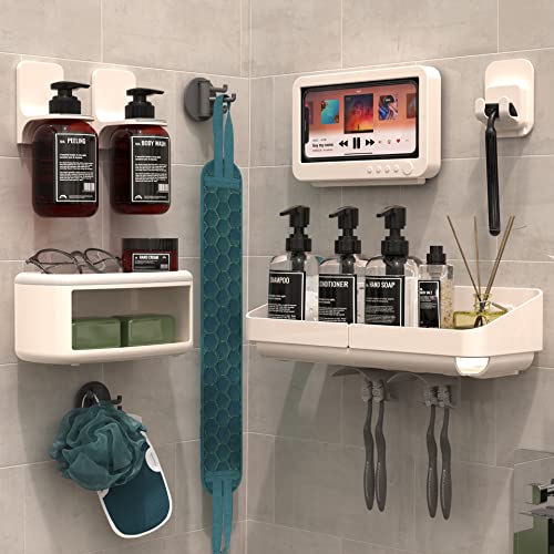 Elil Shower Caddy Shower Shelf for Inside Shower Phone Case Shower Accessories 13-in-1 Set, Self Adhesive Shower Organizers ā No Drill Easy Installation with Exfoliation Glove Back Scrubber and Loofa