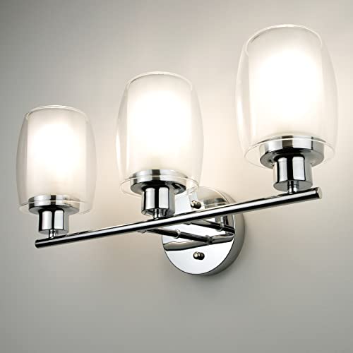 CT CAPETRONIX 3-Light Bathroom Light Fixture, 19 Inches Chrome Vanity Lights, with Double Layer Anti-Glare Lamp Shade, Modern Wall Sconce Lighting for Bathroom, Mirror, Bedroom, Living Room, Hallway