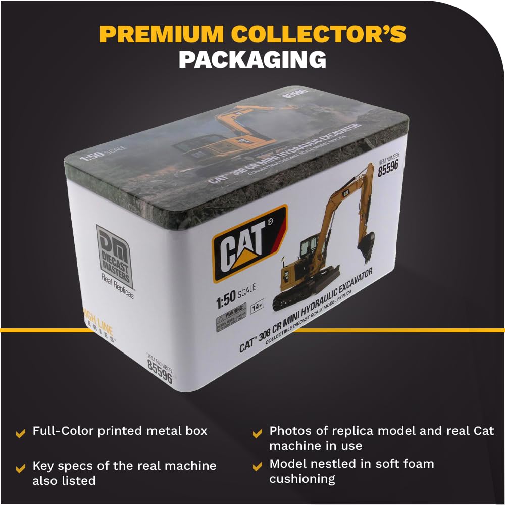 Diecast Masters 1:50 Caterpillar 308 CR Mini Hydraulic Excavator | High Line Series Cat Trucks & Construction Equipment | 1:50 Scale Model Diecast Collectible | Diecast Masters Model 85596