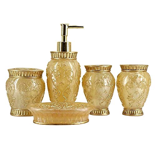 Vintage Golden Bathroom Accessories, 5Piece Bathroom Accessories Set, Bathroom Set Features, Soap Dispenser, Toothbrush Holder, Tumbler & Soap Dish - Bath Gift Set