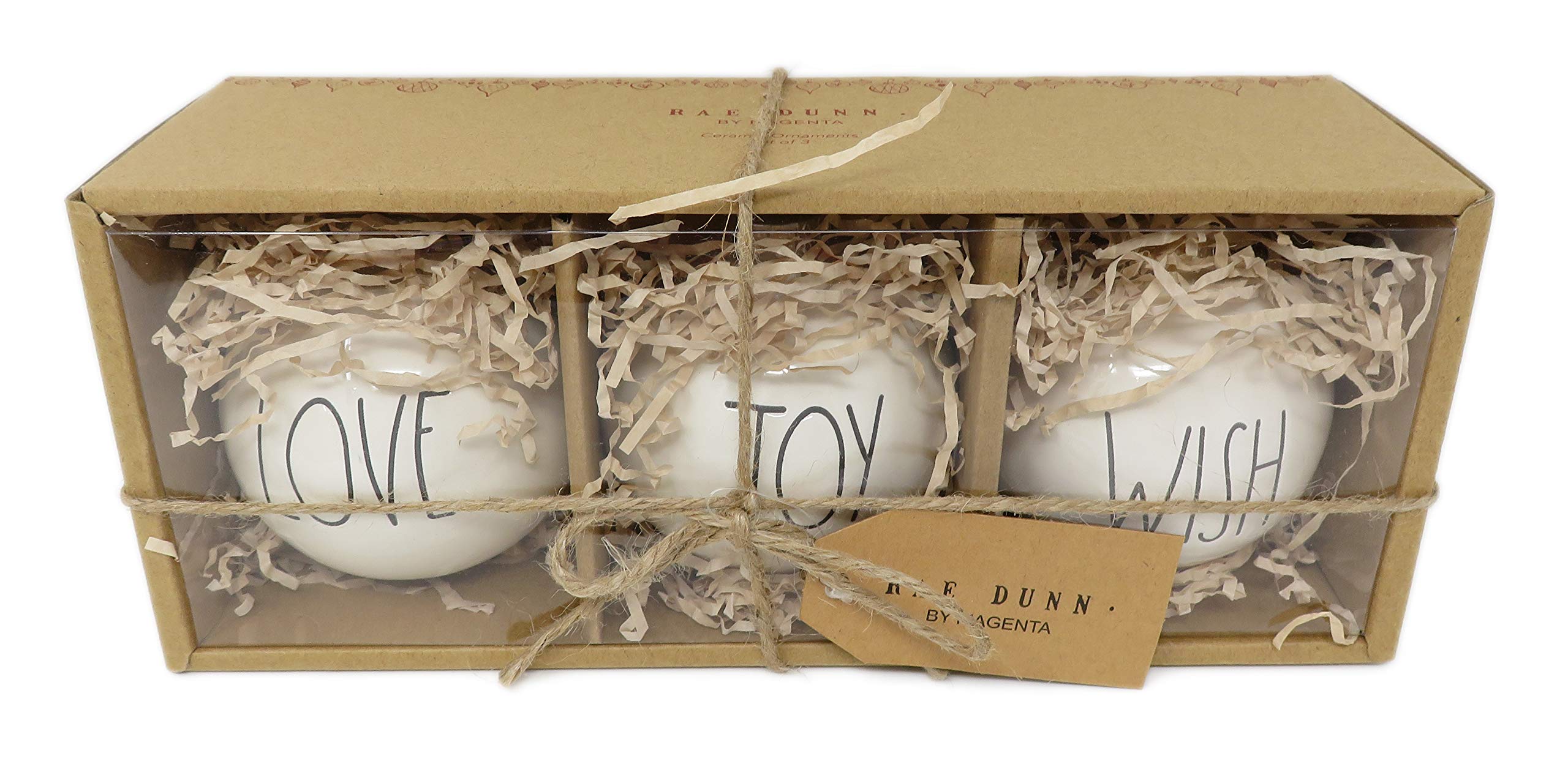 Rae Dunn by Magenta Set of 3 Love & Joy & Wish Ceramic LL Round Bulb Christmas Tree Ornaments