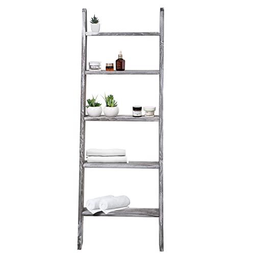 Rustic 5-Tier Wall-Leaning Wood Loadder Towel Racks for Bathroom Livingroom Kithen Office Woden Farmhouse Ladder-Style Blanket Rack Multipurpose Organizer Rack for Home (Grey)