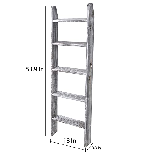 Rustic 5-Tier Wall-Leaning Wood Loadder Towel Racks for Bathroom Livingroom Kithen Office Woden Farmhouse Ladder-Style Blanket Rack Multipurpose Organizer Rack for Home (Grey)