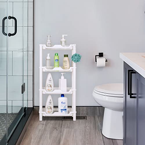ELYKEN 4 Tier Shower Caddy Organizer Shelf Standing, 15.8 x 8.1 x 31.5 Inches, Rustproof, Plastic Floor Storage Rack for Bathroom, Countertop, Shower pan, Narrow Place, White