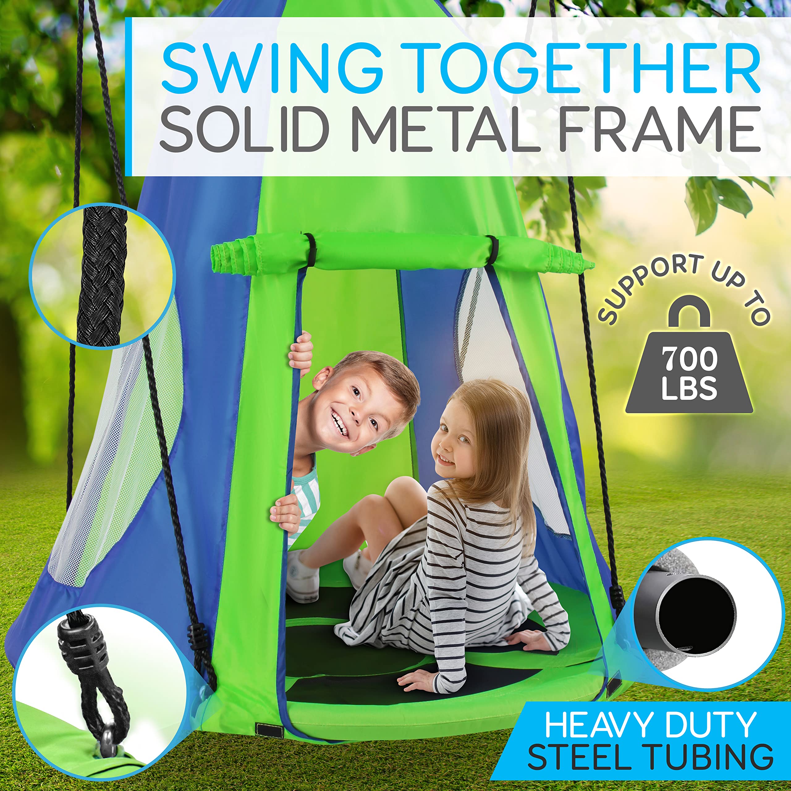 SereneLife 40" Kids Hanging Tent Swing, Outdoor Saucer Swing with Rope Straps (Green), Large