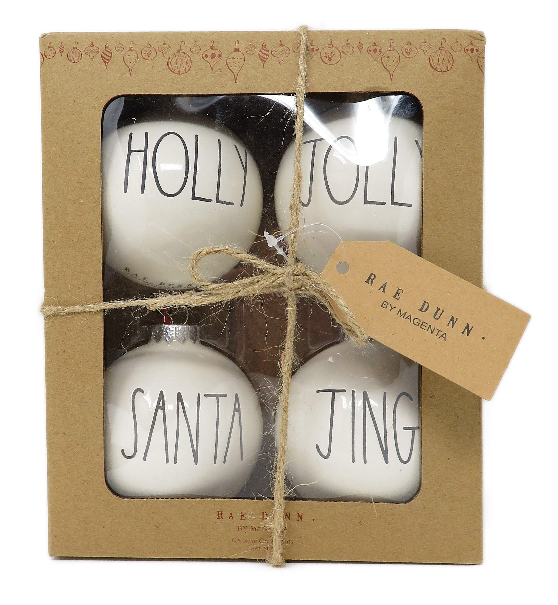 Rae Dunn by Magenta Set of 4 Holly & Jolly & Santa & Jingle Ceramic LL Round Bulb Christmas Tree Ornaments
