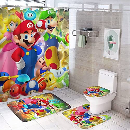 Cartoon 4 Piece Bathroom Set, Waterproof Shower Curtains for Bathroom Set with Shower Mat Non Slip & Toilet Lid Cover and U Shower Mat