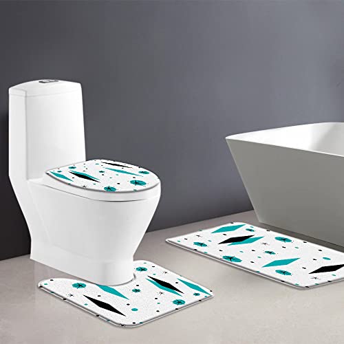 SRAUYST Mid Century Modern Bath Mat Teal Black Diamond Atomic Boho Microfiber Memory Foam Bathroom Rugs,Toilet Lid Cover and Contour Mat 3pc Sets