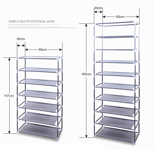 Amuxing Shoe Rack Tower, 10-Tier Shoes Storage Organizer with Non-woven Wardrobe Cover Closet for 27-Pair Shoes' Space Saving Portable Organizer (Gray)