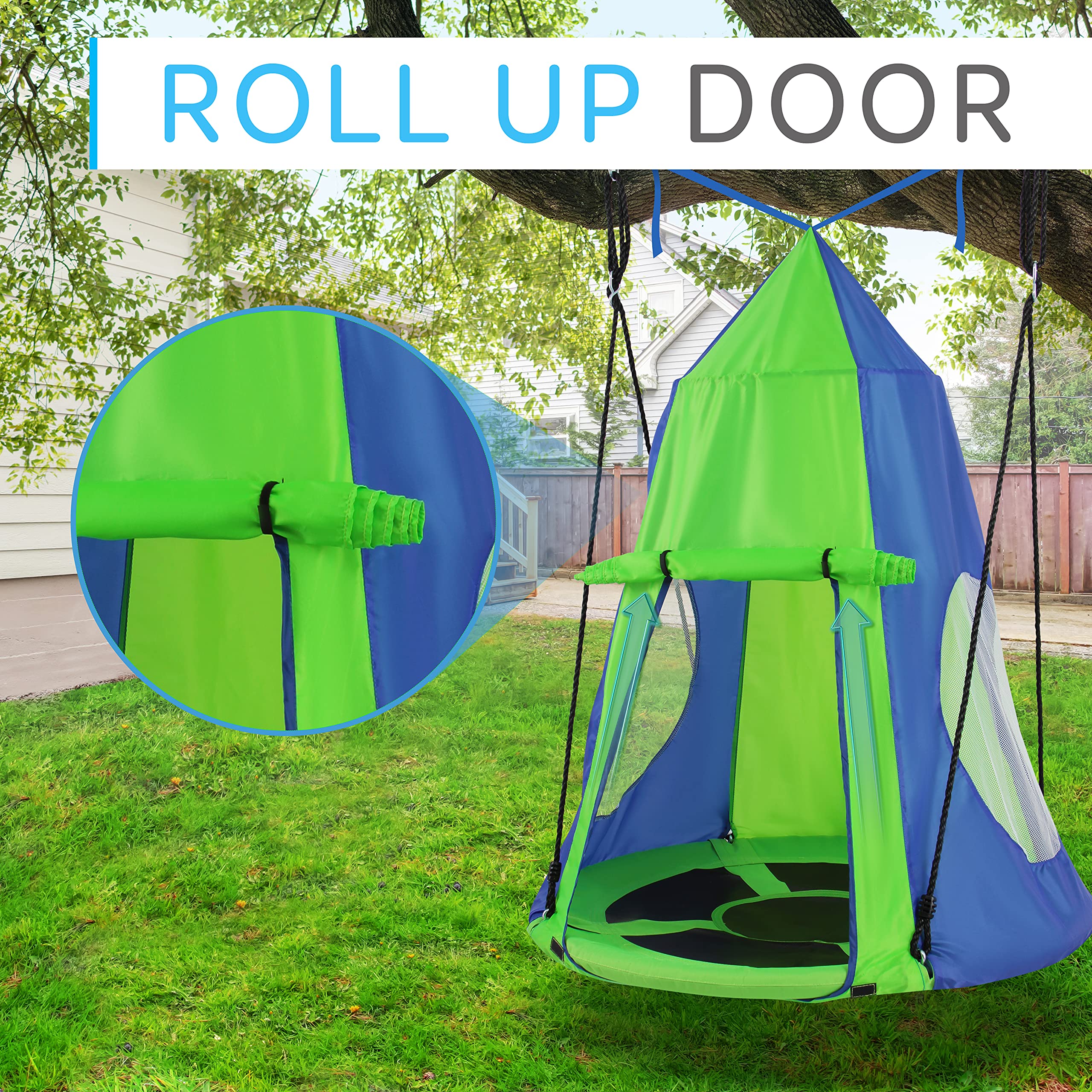 SereneLife 40" Kids Hanging Tent Swing, Outdoor Saucer Swing with Rope Straps (Green), Large