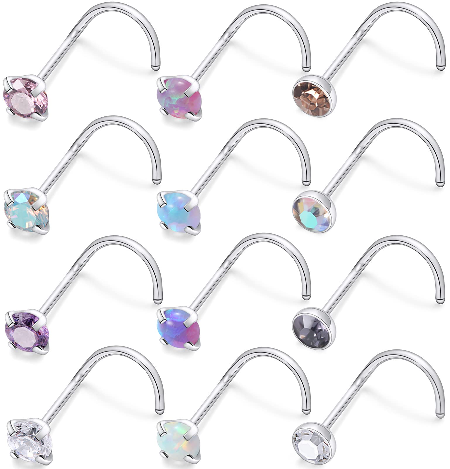 Kridzisw 18G Nose Rings Studs for Women 18 Gauge Surgical Stainless Steel Screw Twist Spiral Corkcscrew Silver Cute Nose Nostril Ring Stud Hook Piercing Jewelry Set Pack Women Men CZ Diamond Opal 2MM