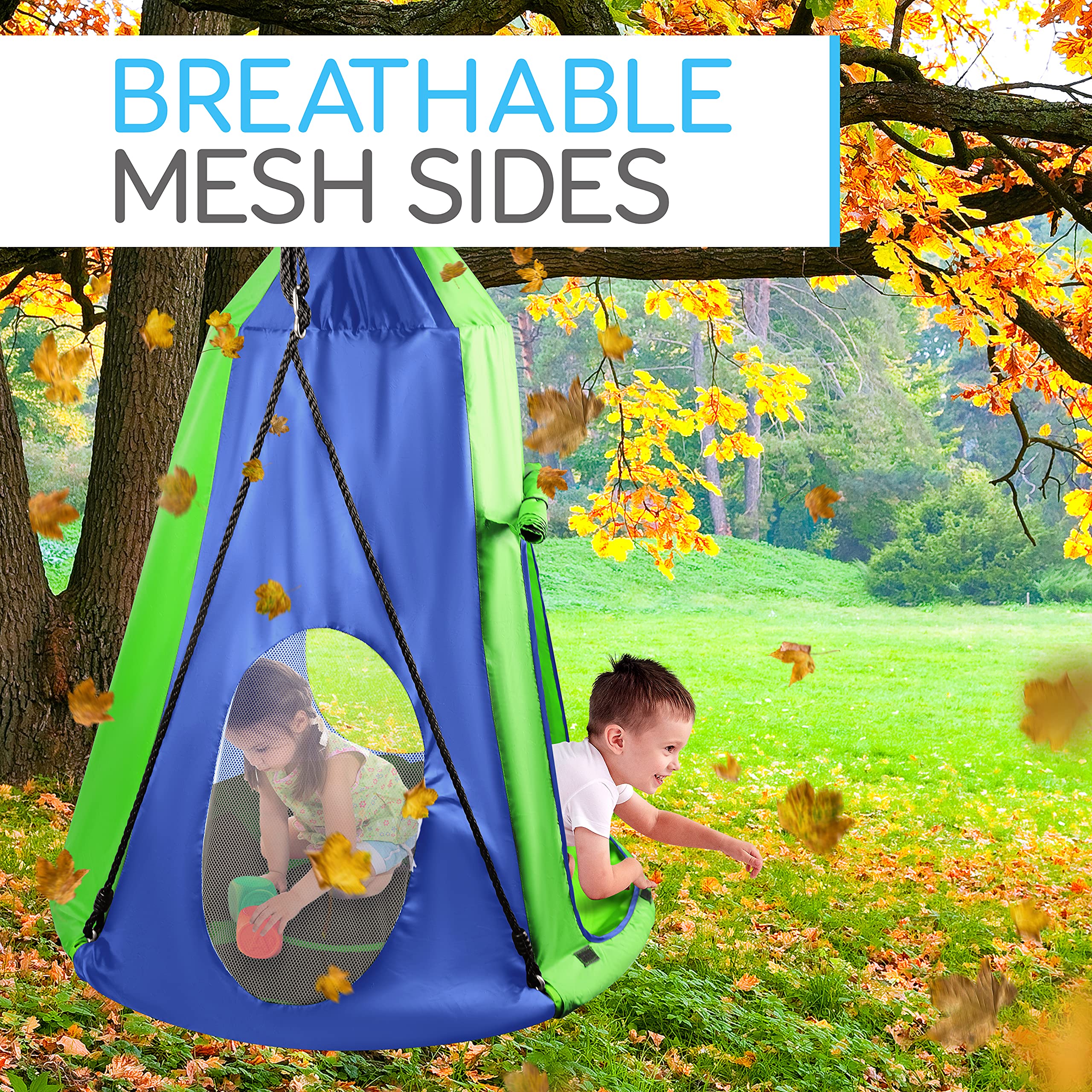 SereneLife 40" Kids Hanging Tent Swing, Outdoor Saucer Swing with Rope Straps (Green), Large