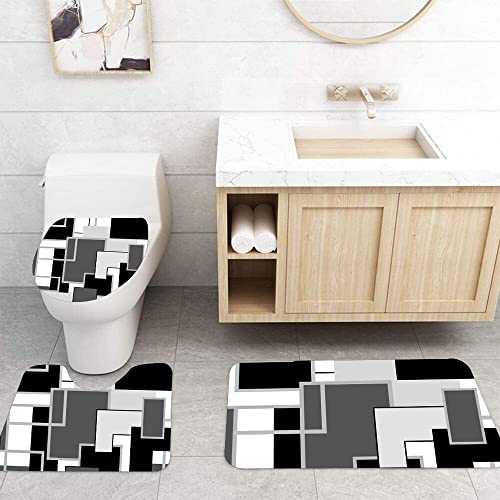 mamrug 4pcs Black Bathroom Shower Curtain Set,Modern Geometric with Non-Slip Rugs,U Shape Rug and Toilet Lid Cover Accessories,with 12 Hooks Waterproof Shower Curtains 72"x 72" Bathroom Decor