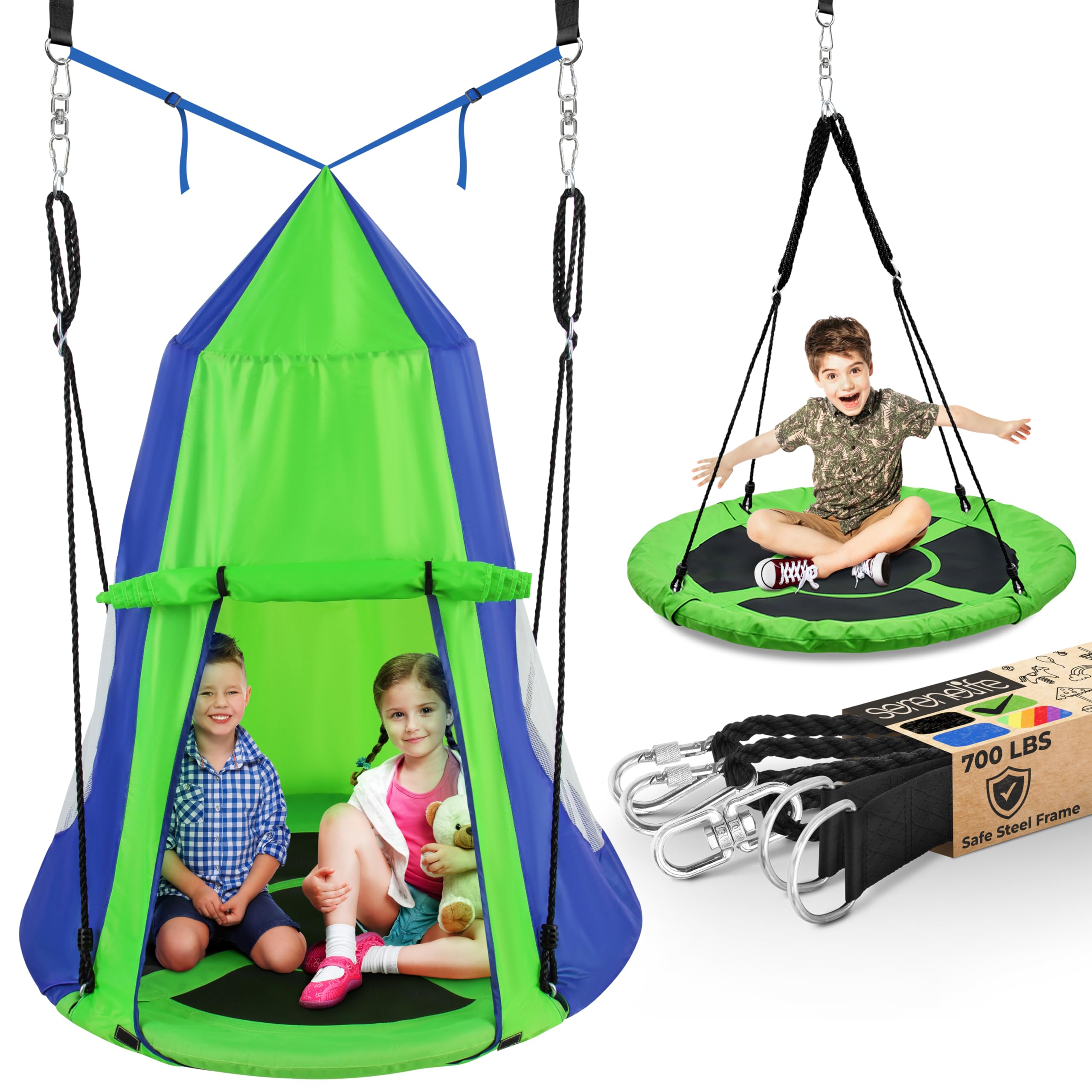 SereneLife 40" Kids Hanging Tent Swing, Outdoor Saucer Swing with Rope Straps (Green), Large