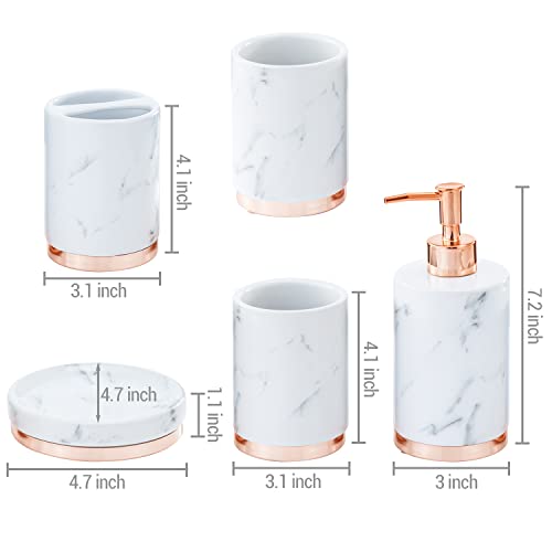 MyGift 5 Piece Modern White Ceramic Bathroom Accessory Set with Marbled Design and Rose Gold Accents, Includes Lotion Pump Dispenser, Toothbrush Holder, Tumbler and Soap Dish