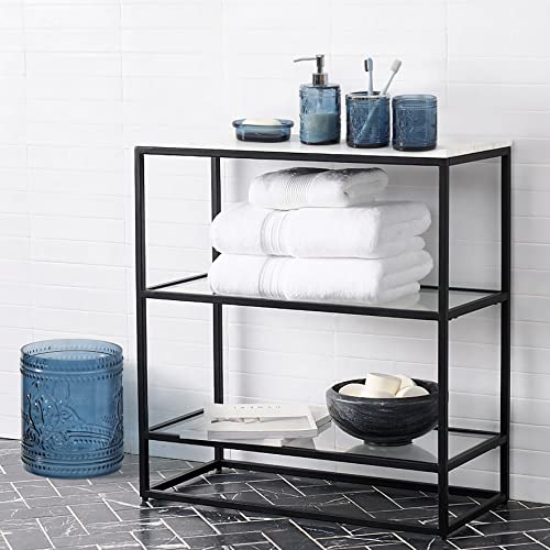 5PCs Dark Blue Glass Bathroom Accessories Set with Decorative Pressed Pattern - Includes Hand Soap Dispenser & Tumbler & Soap Dish & Toothbrush Holder & Wastebasket